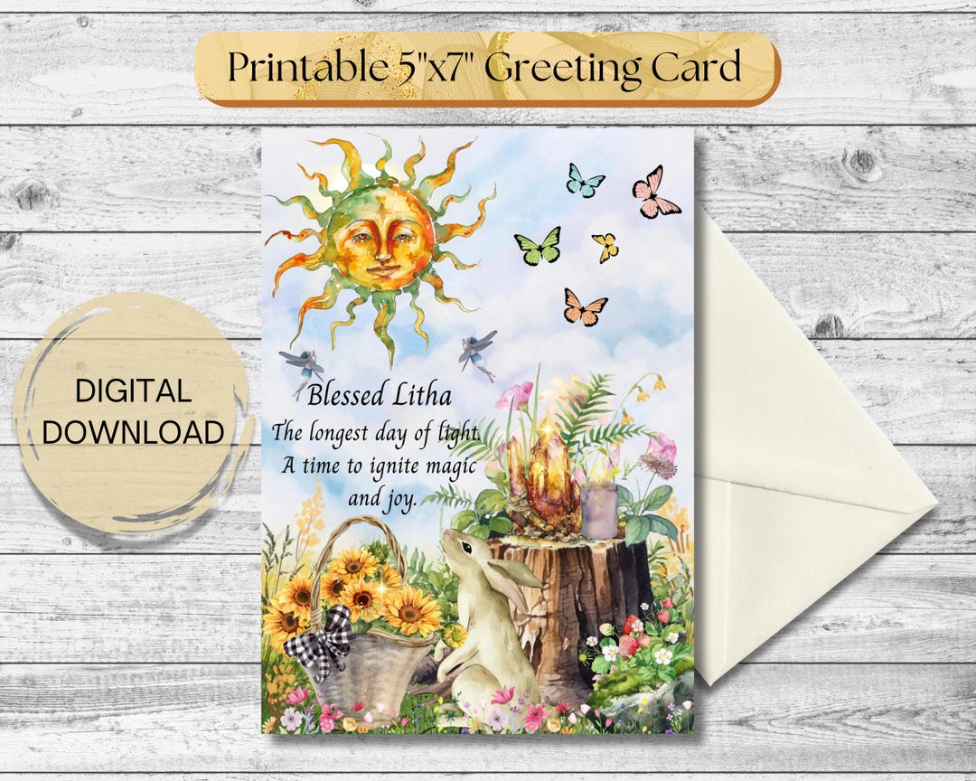 Litha Summer Solstice Card: Watercolor Bunny, Pagan Sabbat (digital ...