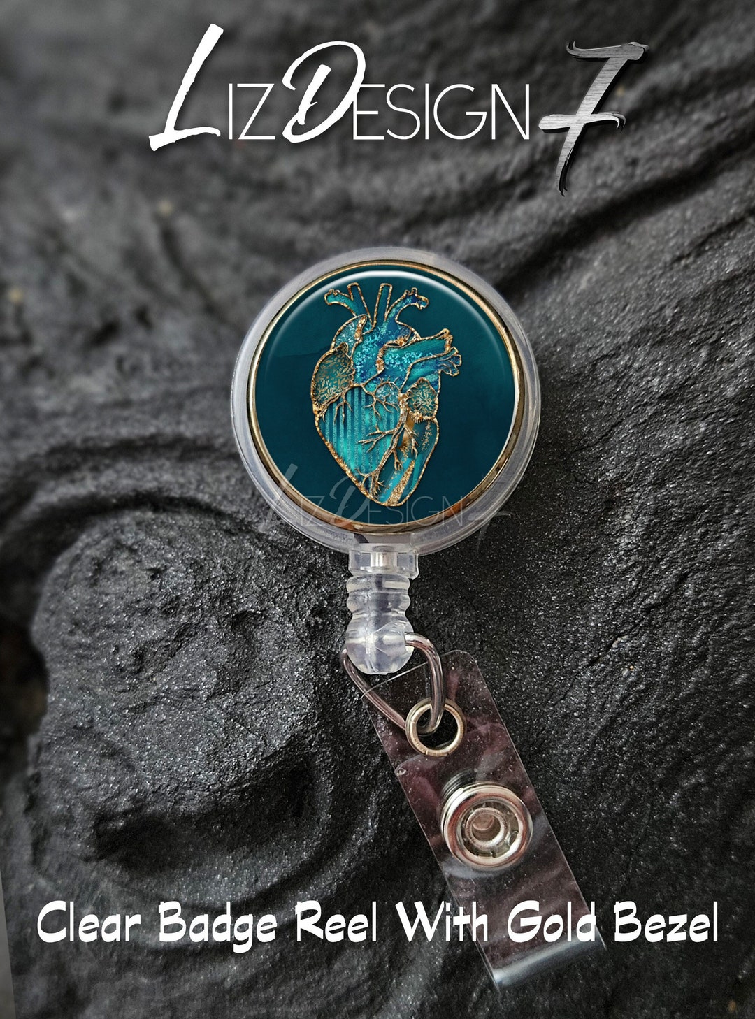 Aqua and Gold Human Heart Badge Reel - Human Heart Badge Holder With ...