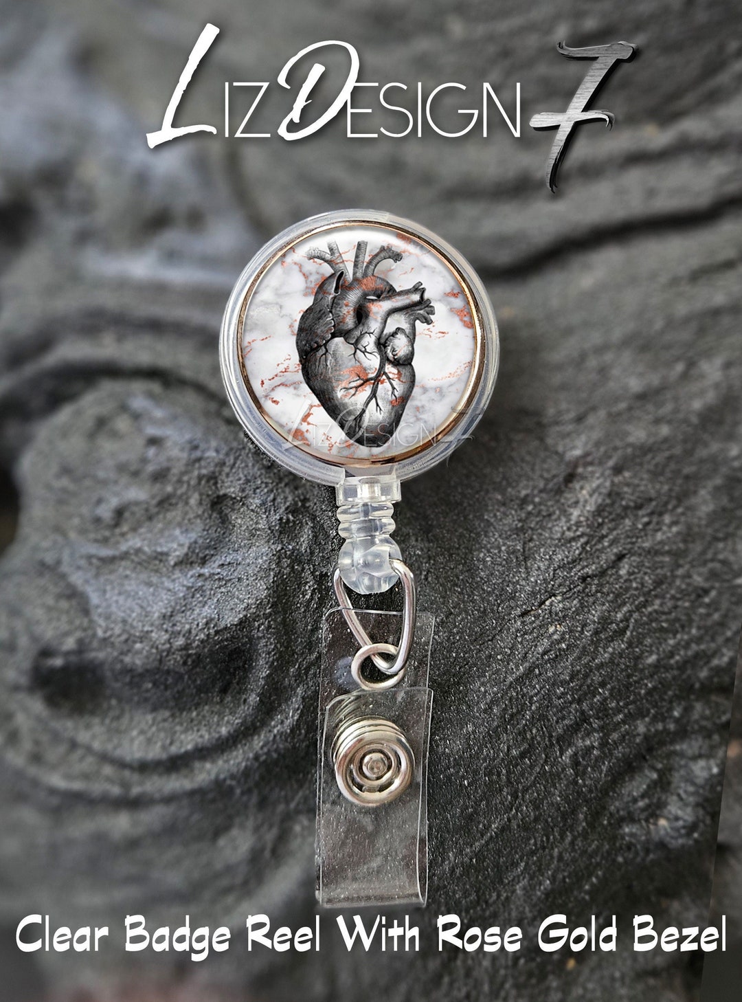 Marble Rose Gold Human Heart Badge Reel - Human Heart Badge Holder With ...