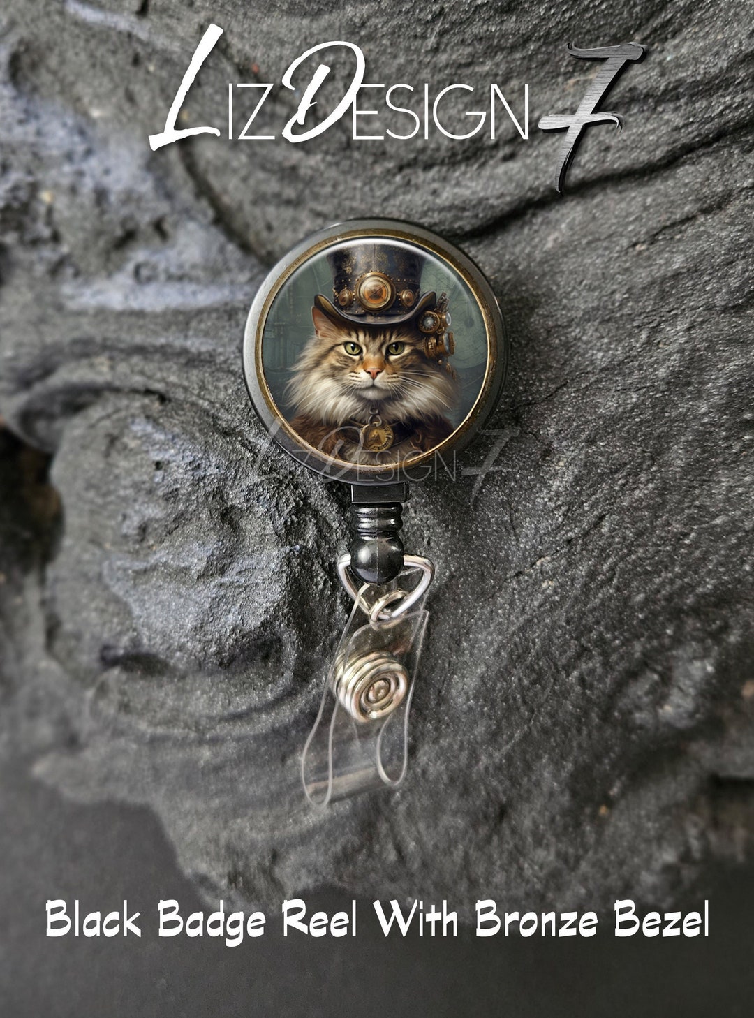 Steampunk Cat Retractable Badge Holder - Steampunk Cat Badge Reel- Cat ...
