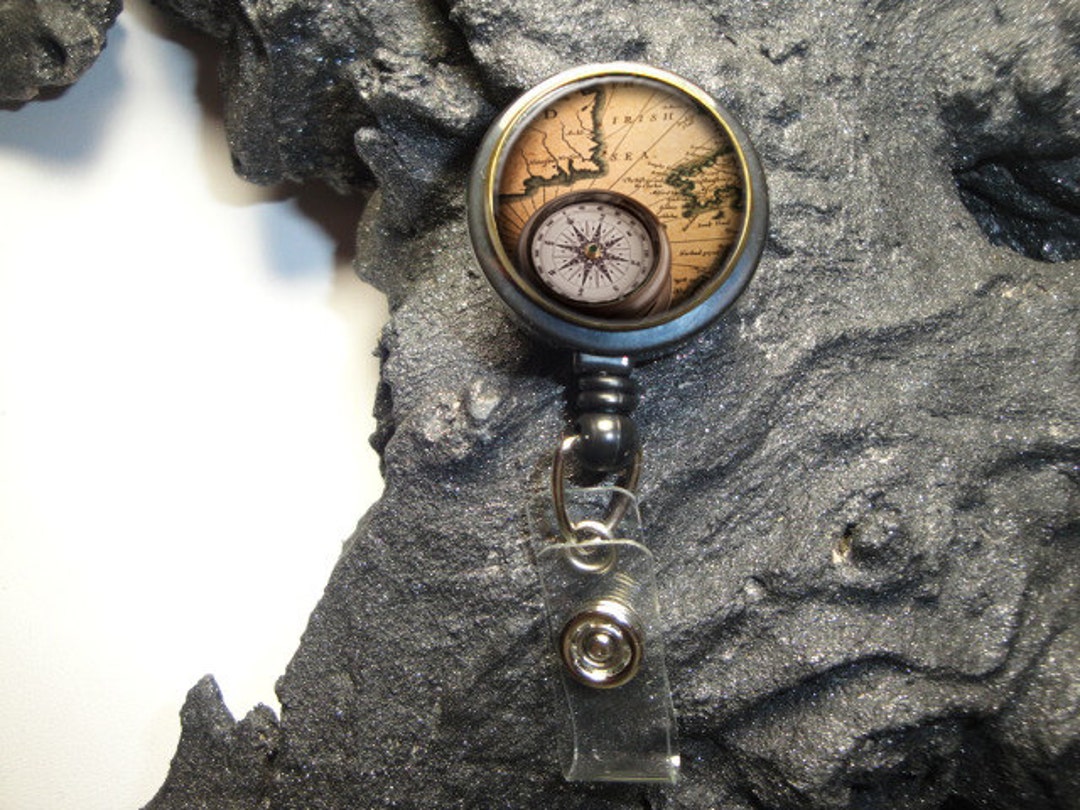Vintage Map and Compass Retractable Badge Holder Compass Badge Reel ...