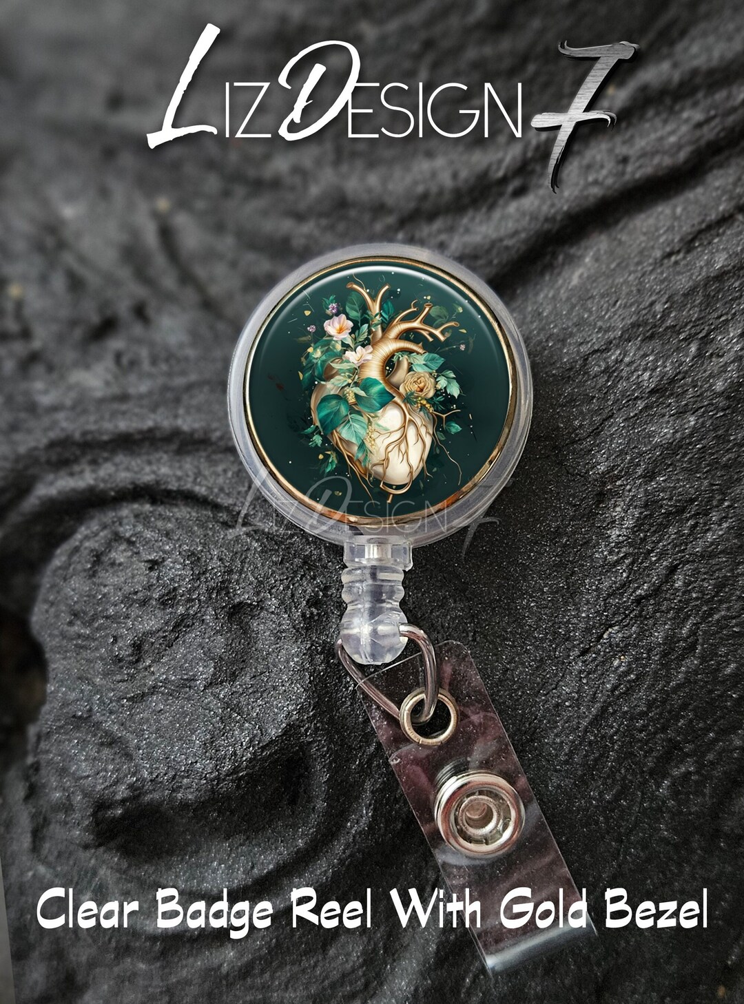 Green and Gold Human Heart Badge Reel Human Heart With Flowers Badge ...