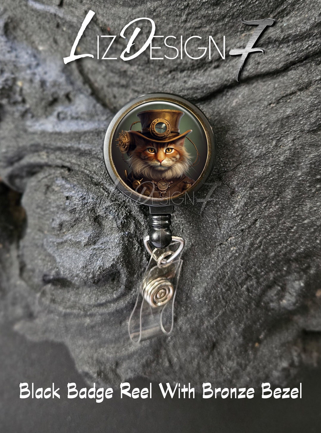 Steampunk Cat Retractable Badge Holder - Steampunk Cat Badge Reel- Cat ...