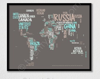 World Map Typography Poster Print Typographic Atlas Art with | Etsy