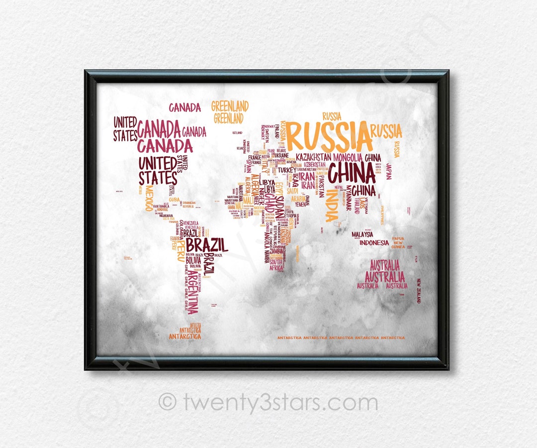 World Map Typography Map Poster Print World Map in Words - Etsy