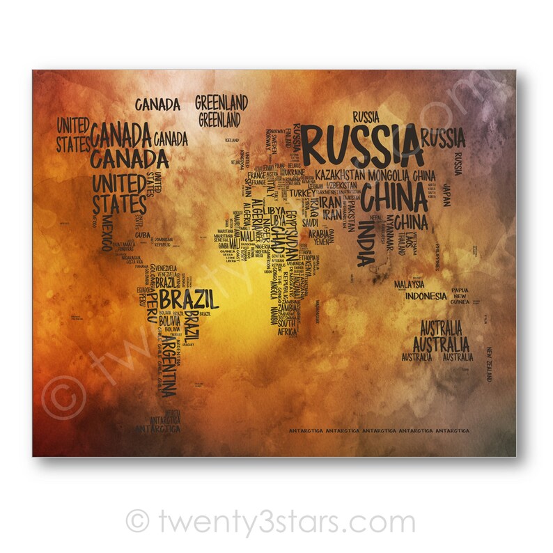World Map Typography Map Poster Print World Map in Words - Etsy