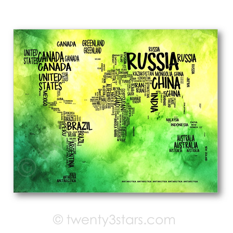 World Map Typography Map Poster Print World Map in Words - Etsy