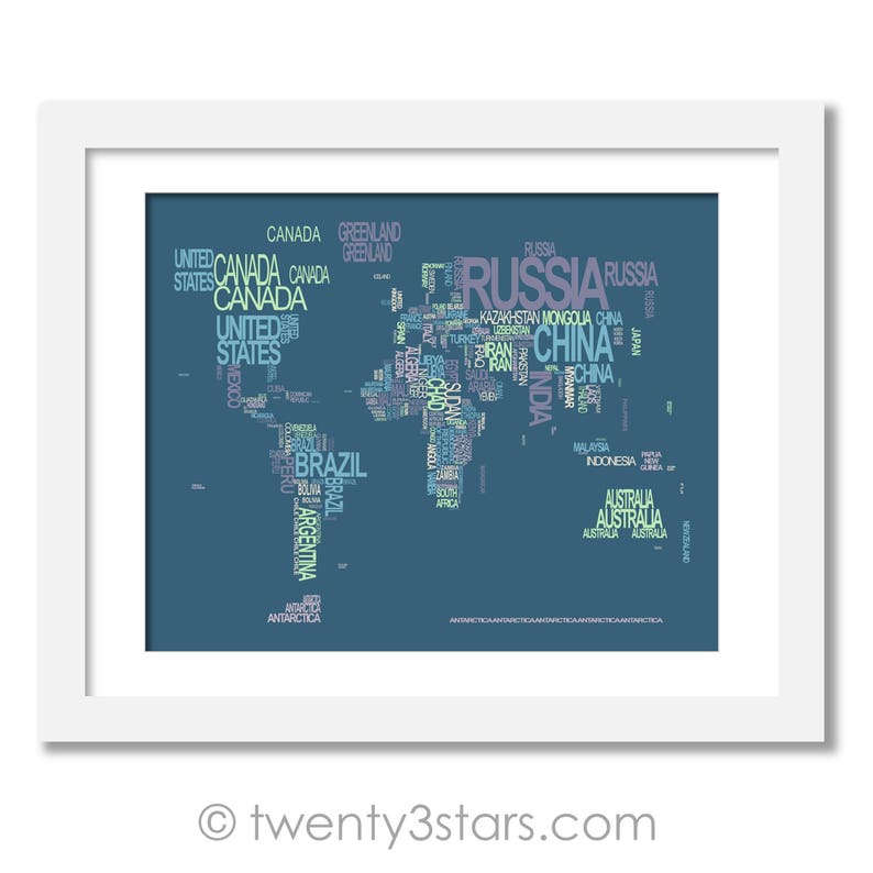 World Map Typography Poster Print Typographic Atlas Art with | Etsy