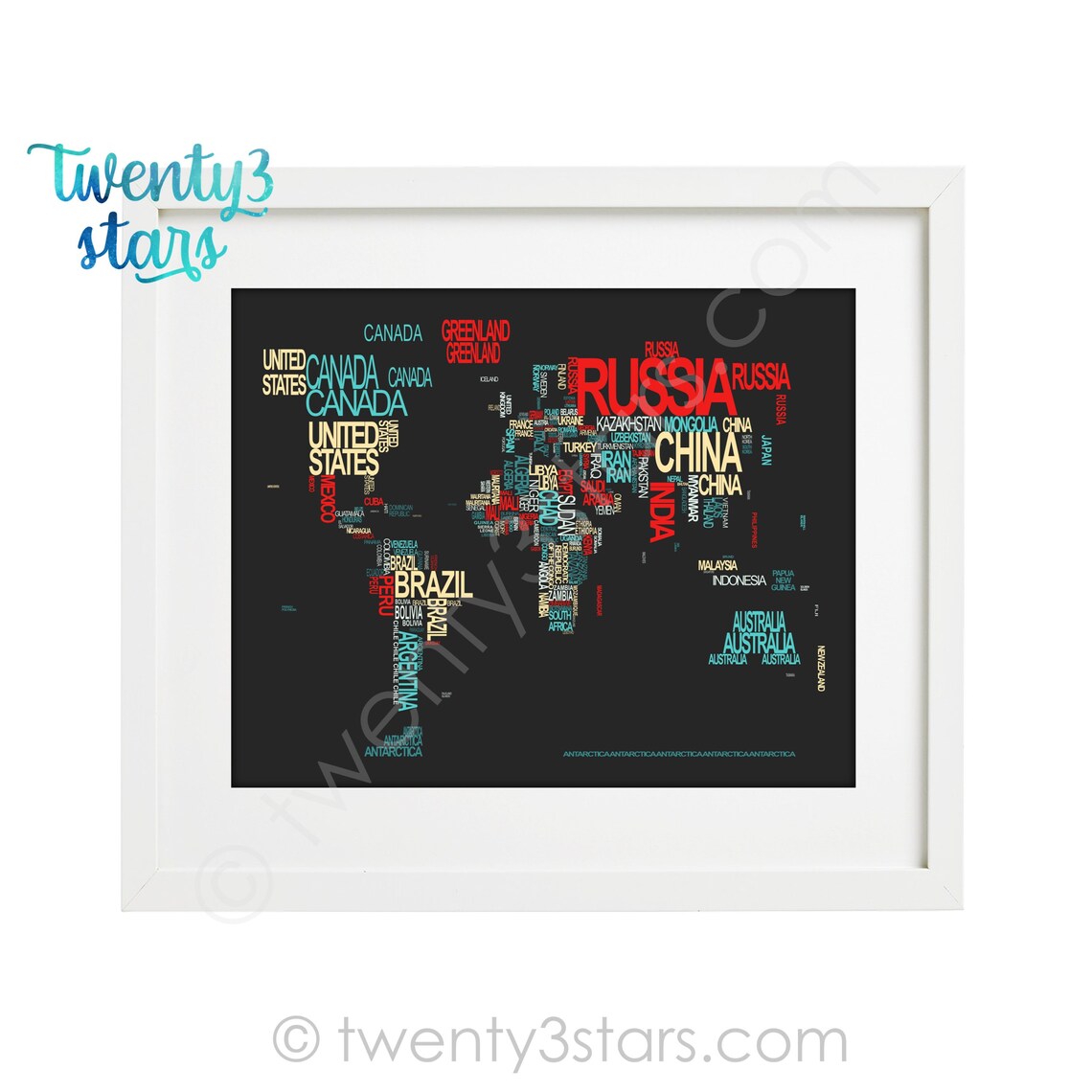 World Map Typography Poster Print Typographic Atlas Art with | Etsy