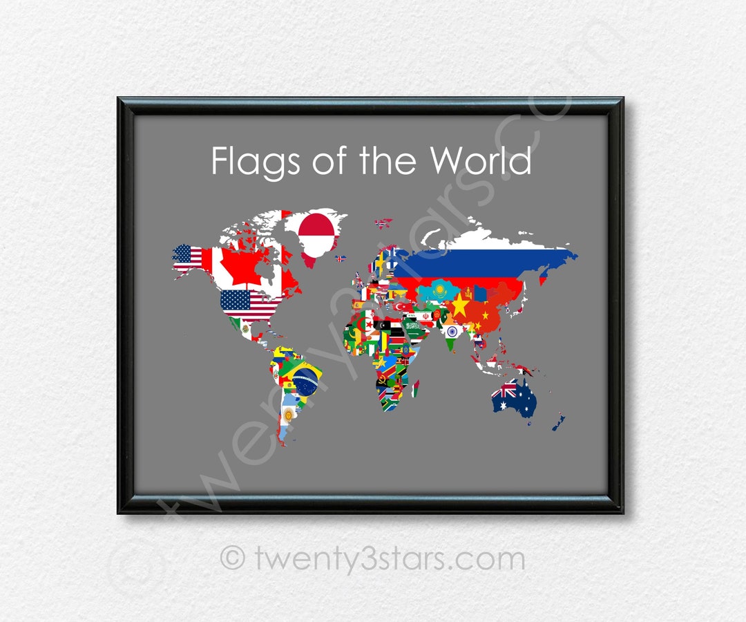 Flags of the World Map Poster, World Map Flags, Flag Map Art, Flag Wall ...