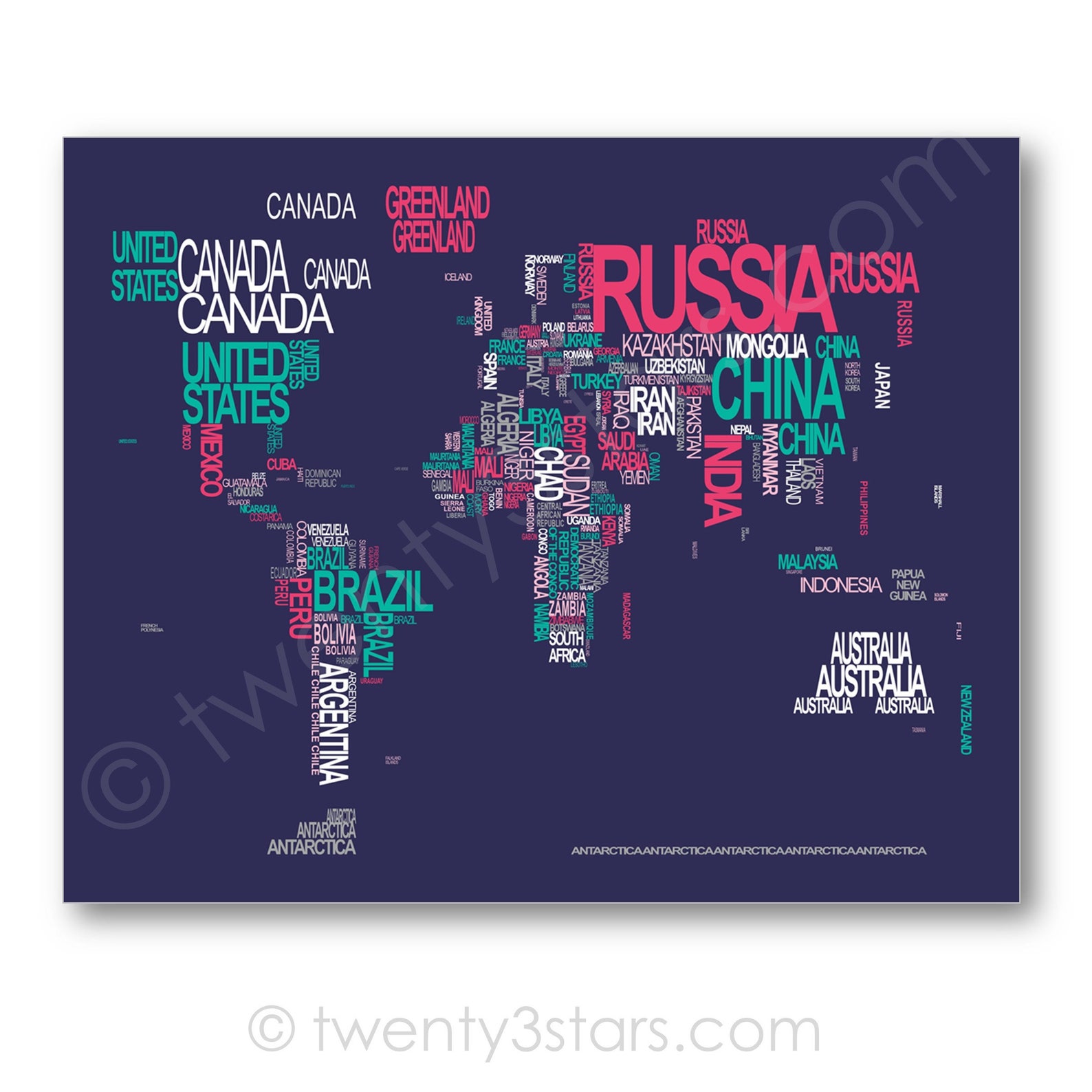 World Map Typography Poster Print Typographic Atlas Art with | Etsy