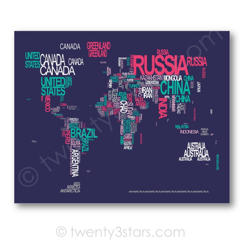 World Map Typography Poster Print Typographic Atlas Art with | Etsy