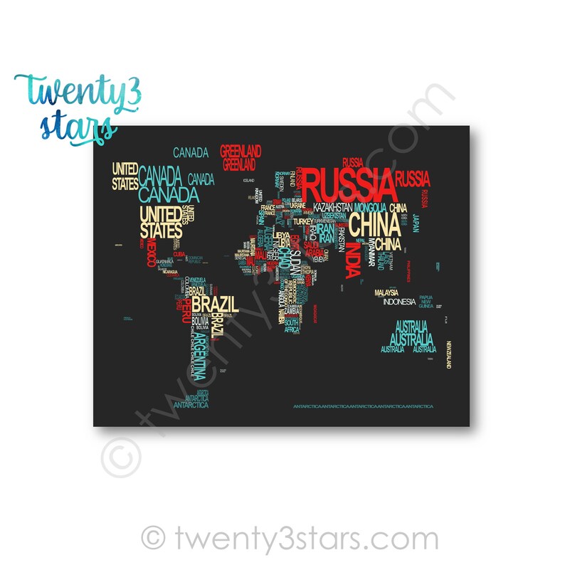 World Map Typography Poster Print Typographic Atlas Art with | Etsy