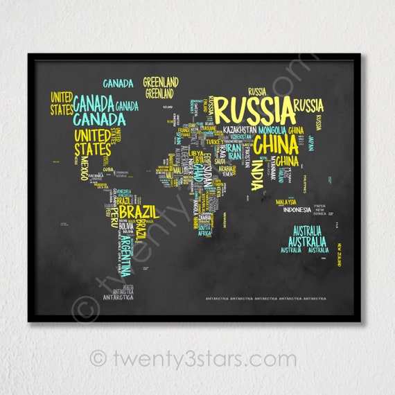 World Map Typography Map Poster Print World Map in Words - Etsy