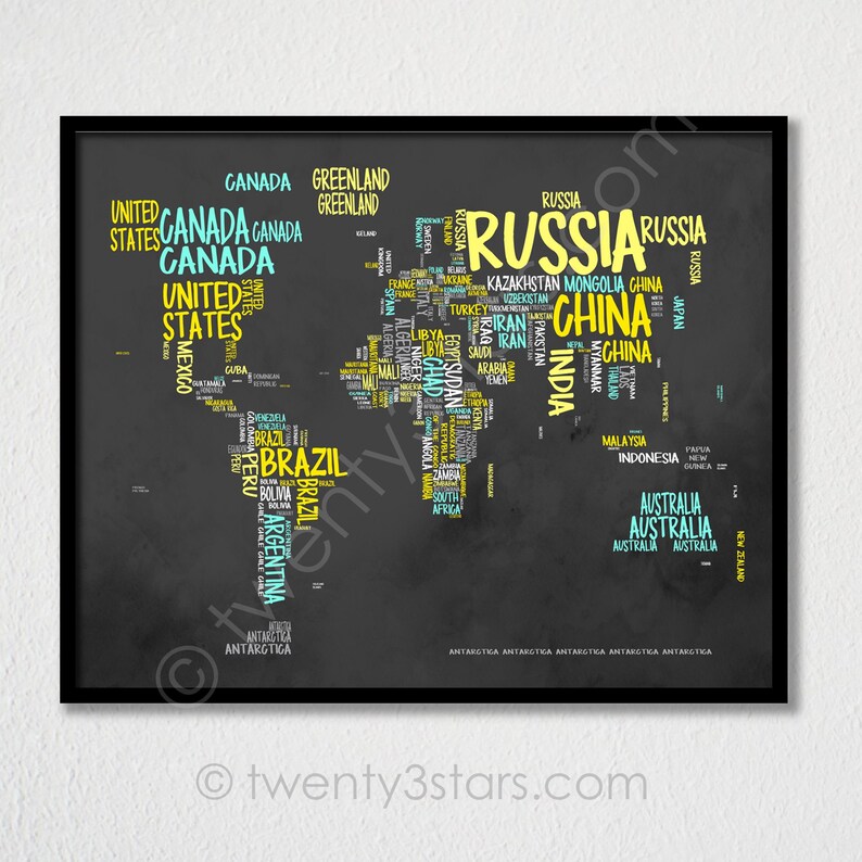 World Map Typography Map Poster Print World Map in Words | Etsy