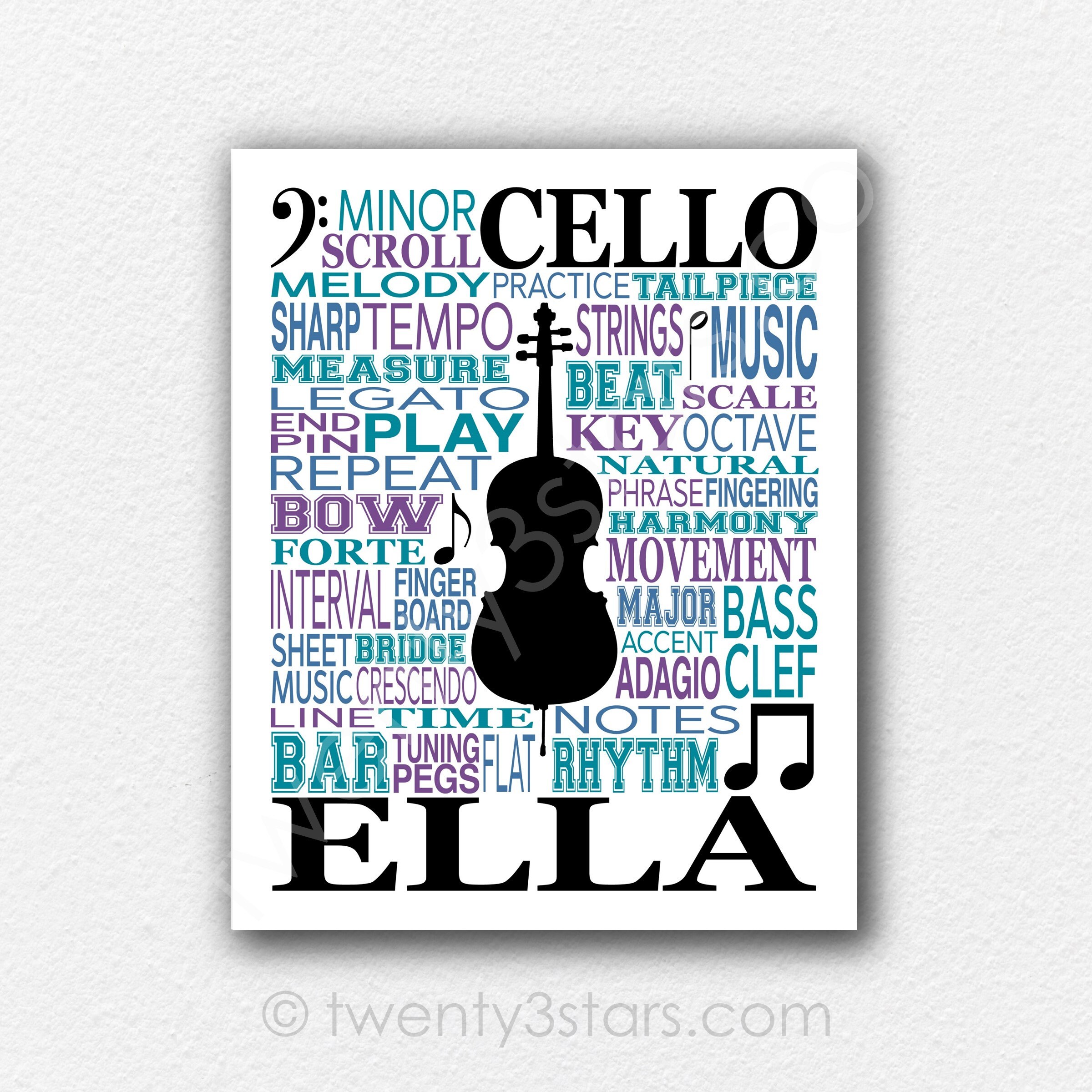 Cello Wall Art Print: Custom Colors and Name - Orchestra Theme - Etsy