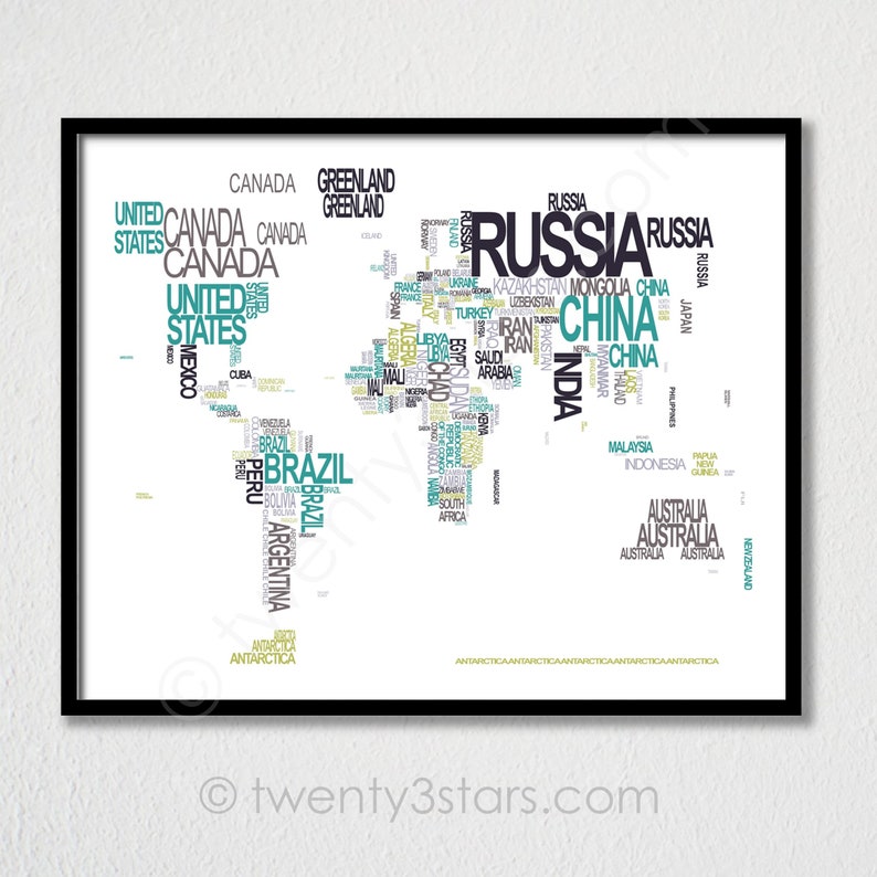 World Map Typography Poster Print Typographic Atlas Art with | Etsy