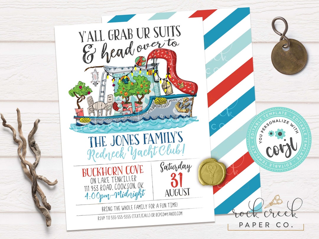 Redneck Yacht Club Invitation: Editable Lake Bash Party Template ...