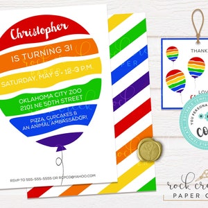 Rainbow Balloon Birthday Invitation: Editable Party Templates (instant ...