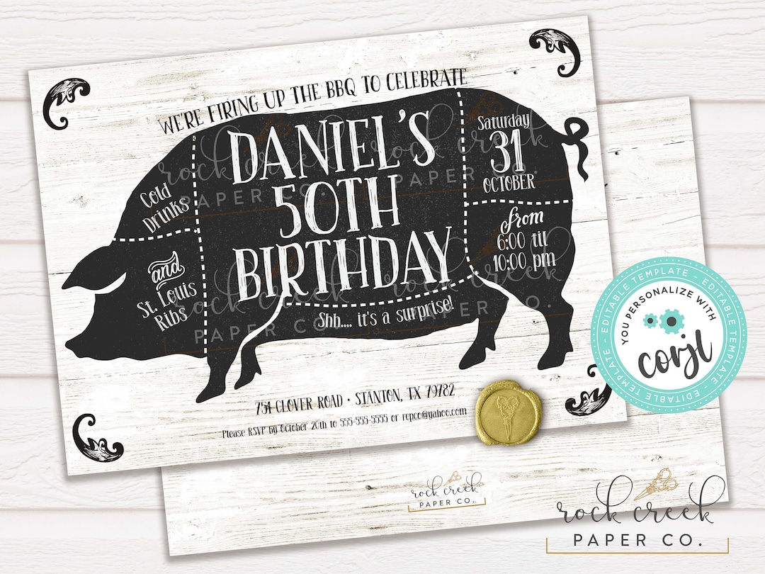 Rustic Pig BBQ Birthday Invitation: Editable Barbecue Template (instant ...