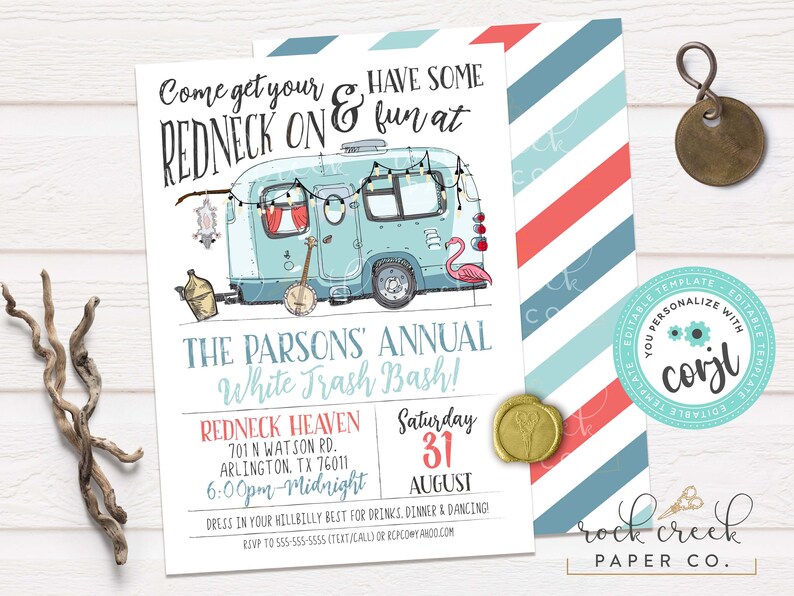 Redneck Hootenanny Invitation: Editable Trailer Park Party Template ...