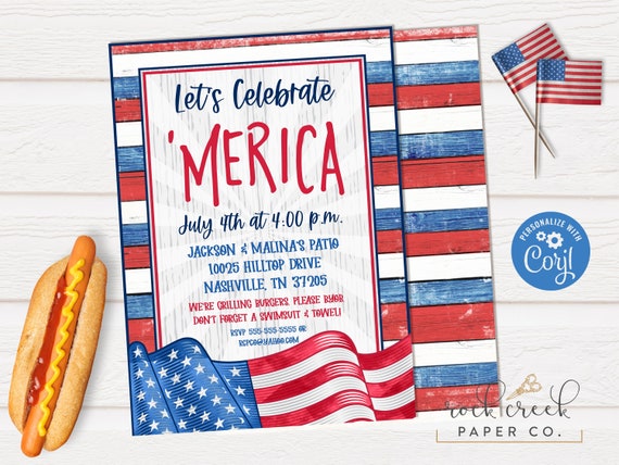 4th of July Invitation, Let's Celebrate Merica Invitation, Independence ...