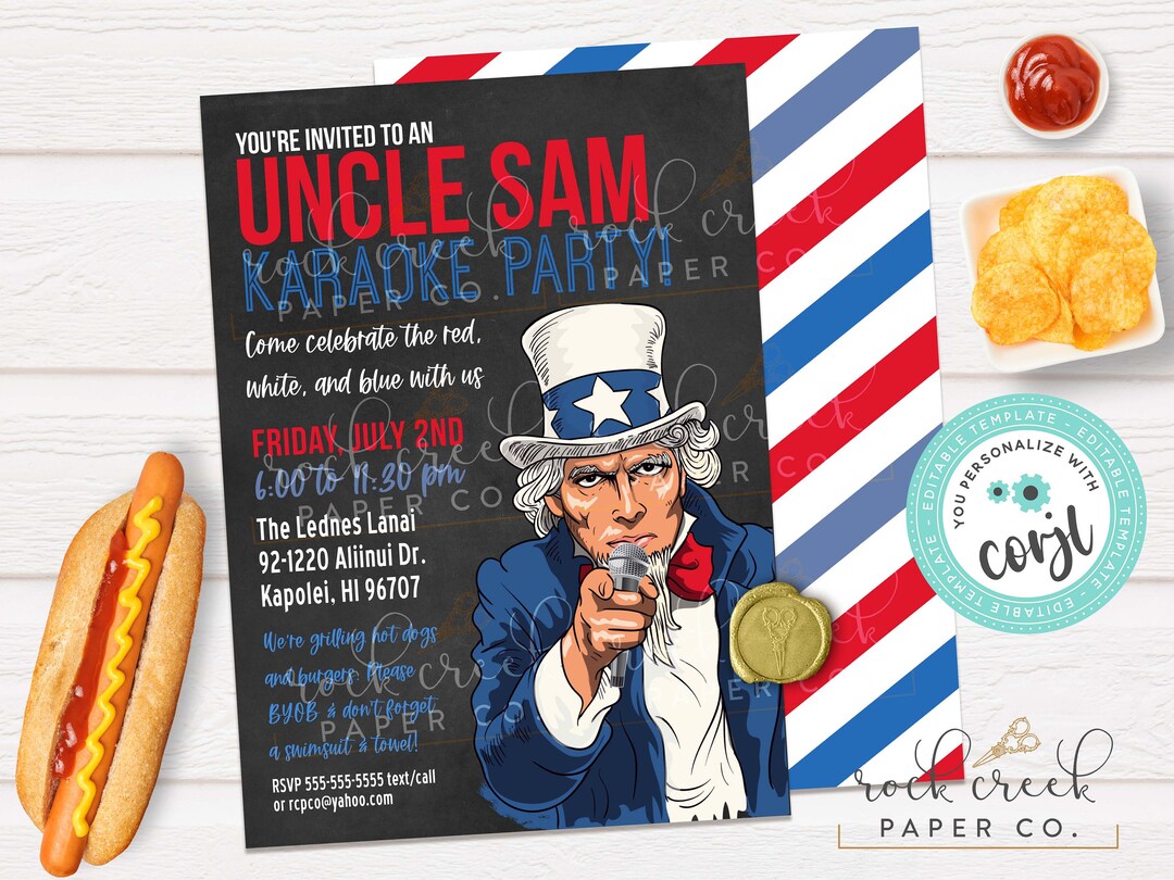 Uncle Sam Karaoke Invitation: Editable 4th of July Party Template ...