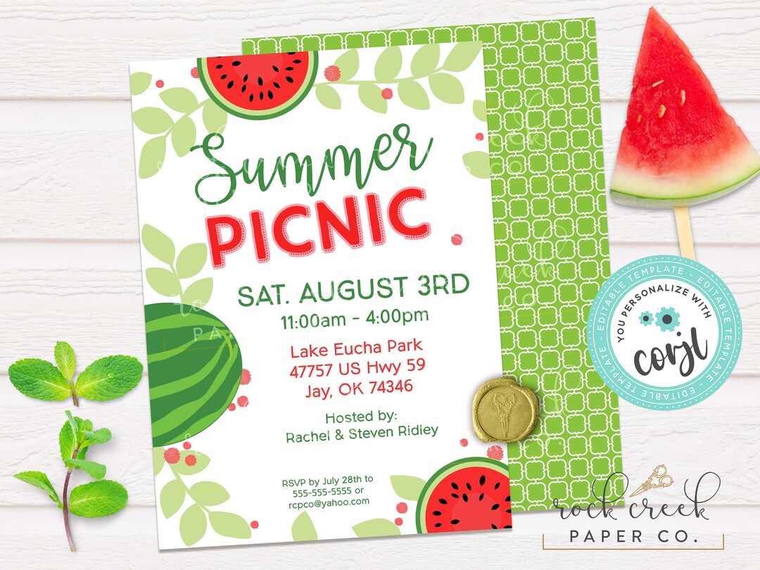 Summer Picnic Invitation, Watermelon Picnic Invitation, Lemon Picnic ...