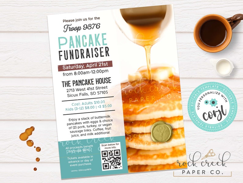 Pancake Breakfast Fundraiser Flyer, School Pancake Fundraiser, Charity ...