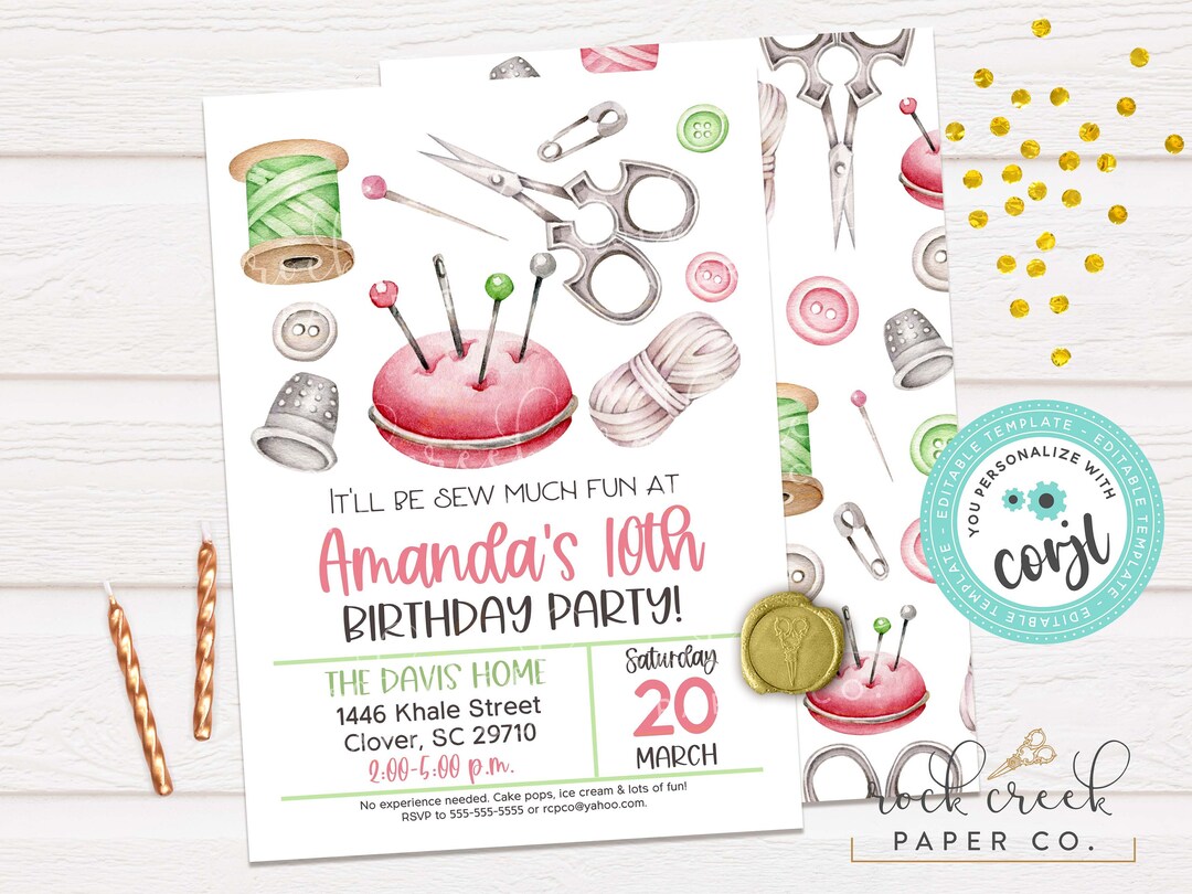 Sewing Birthday Invitation, Needlepoint, Crochet, Needle and Thread ...