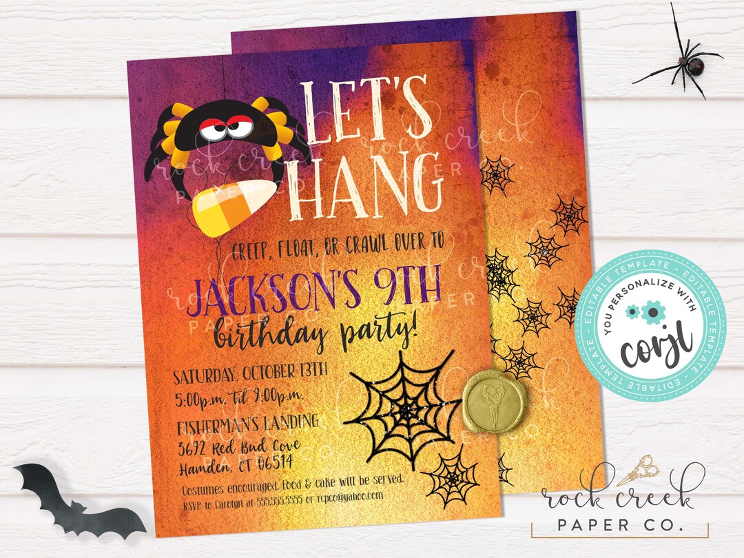 Candy Corn Spider Birthday Invitation: Editable Halloween Party ...