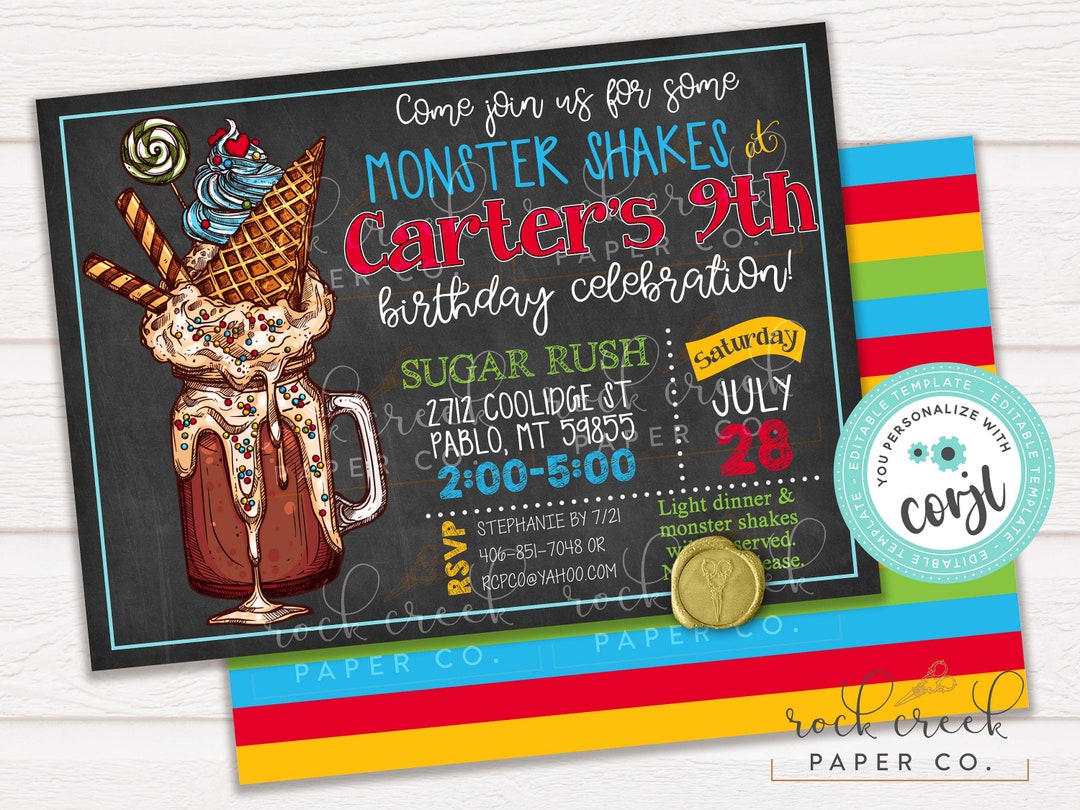 Monster Shake Birthday Invitation: Editable Ice Cream Party Template ...
