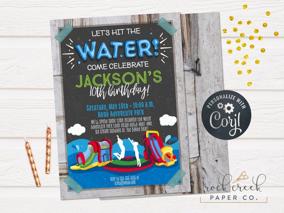 Water Adventure Park Birthday Invitation, Inflatable Water Park ...