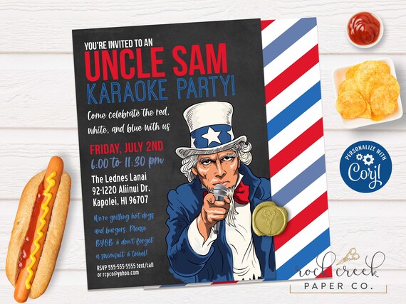 Uncle Sam Karaoke Invitation, Holiday Karaoke Party, Independence Day ...