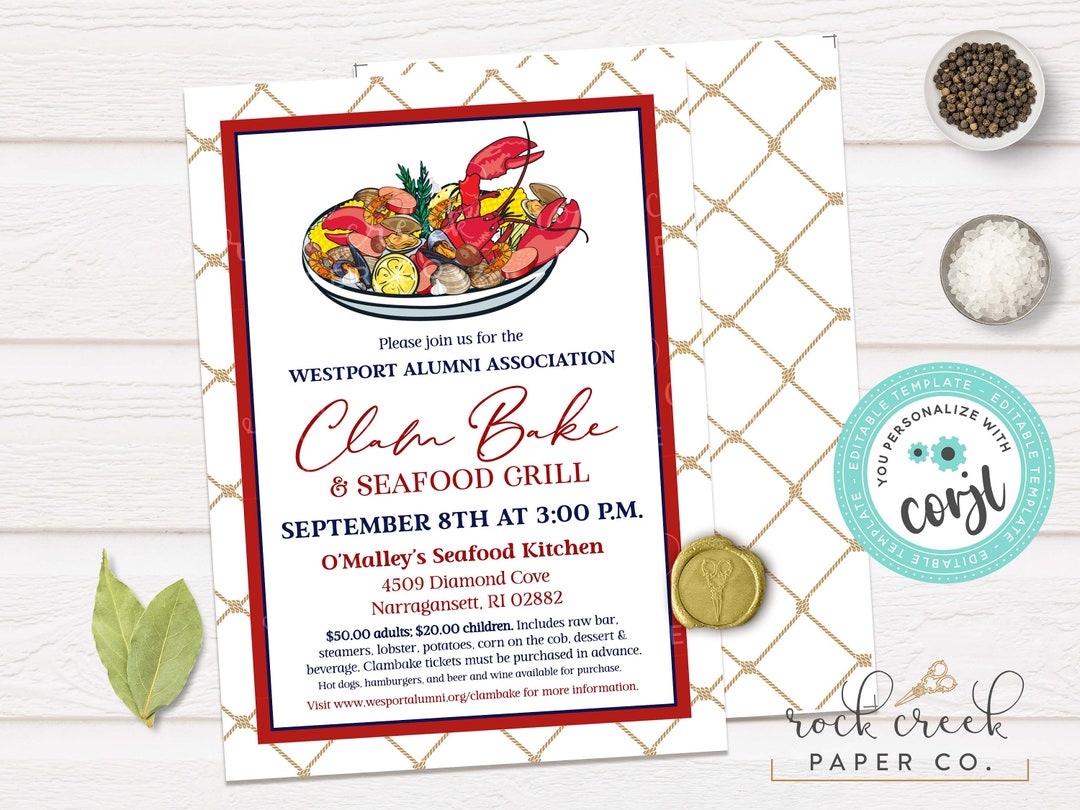 Clam Bake Invitation, Crab Bake, Lobster Boil, New England Clam Bake ...