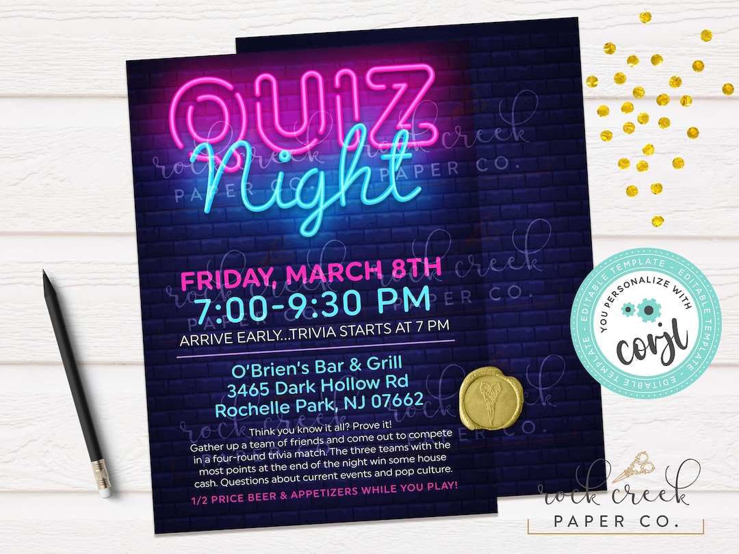 Quiz Night Invitation, Trivia Night Invitation, Pub Quiz Flyer, PTA ...