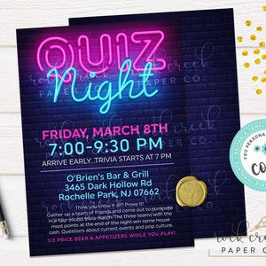 Quiz Night Invitation, Trivia Night Invitation, Pub Quiz Flyer, PTA ...