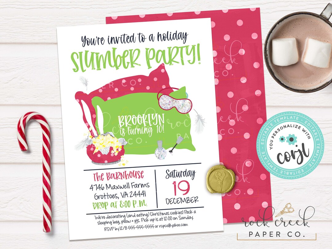 Christmas Slumber Party Invitation: Editable Sleepover Template ...