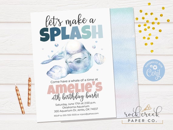 Beluga Whale Birthday Invitation, Aquarium Birthday Party, Whale Party ...