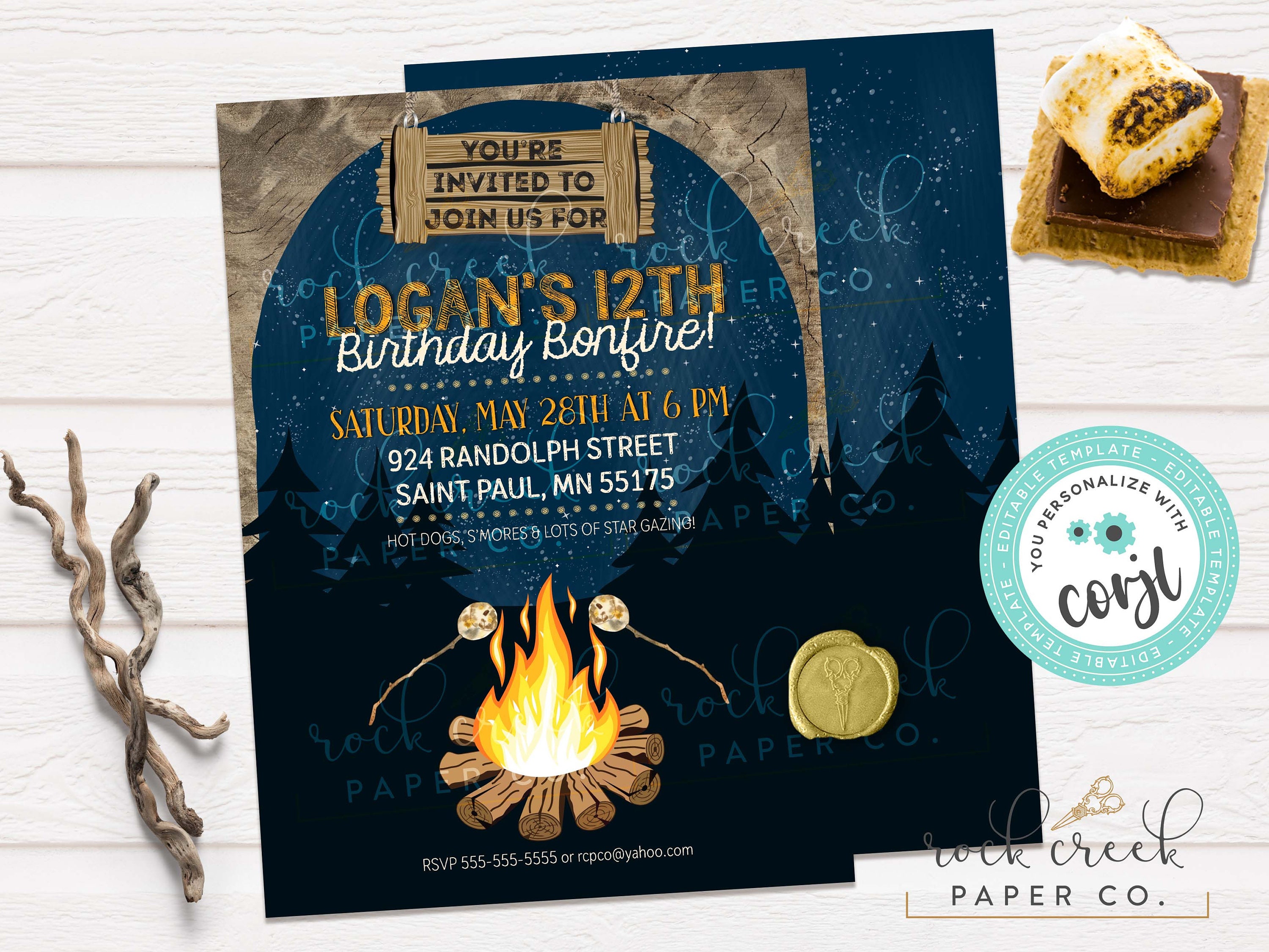 Bonfire Birthday Invitation: Editable S'mores Party Template (digital ...