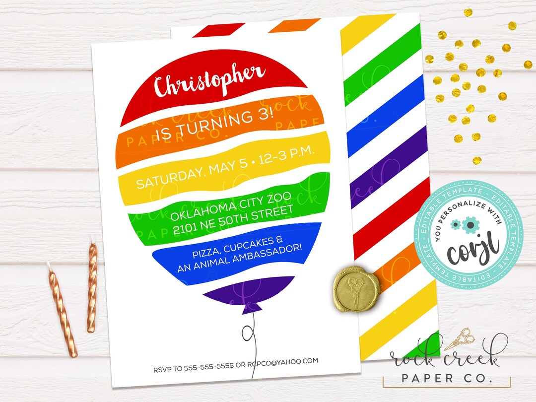 Rainbow Balloon Birthday Invitation: Editable Party Templates (instant ...