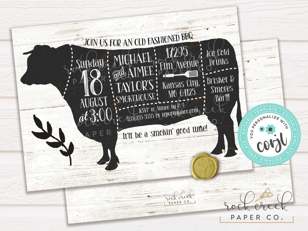 Rustic Bull Birthday Invitation, Cow Barbecue Invitation, BBQ Party ...