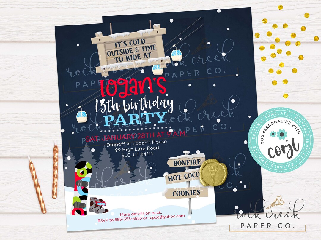 Snowboarding Birthday Invitation, Snowboard Party, Shred the Gnar, Hit ...