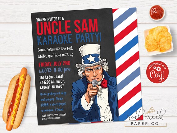 Uncle Sam Karaoke Invitation, Holiday Karaoke Party, Independence Day ...