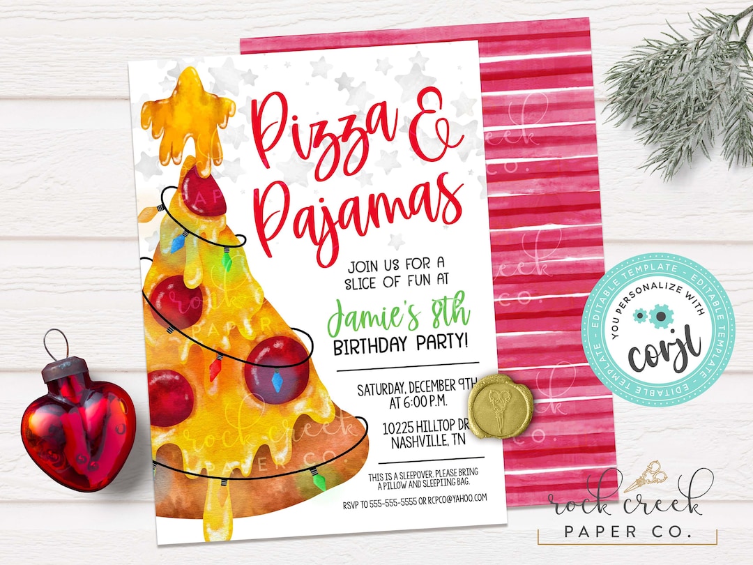 Christmas Pizza & Pajamas Invitation, Slumber Party, Christmas Pizza ...