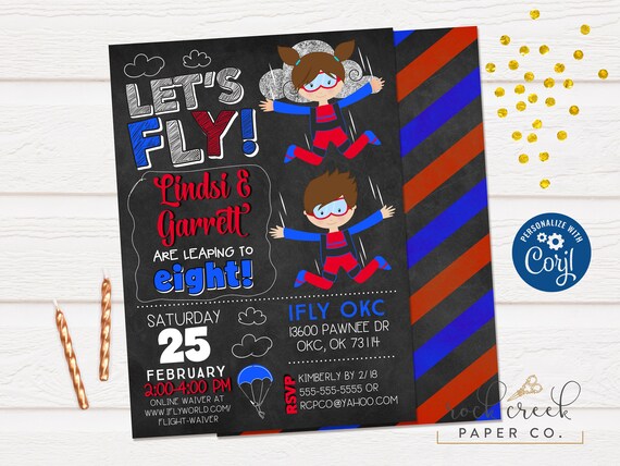 iFly Skydiving Twins Boy & Girl Invitation, iFly Birthday Invitation ...