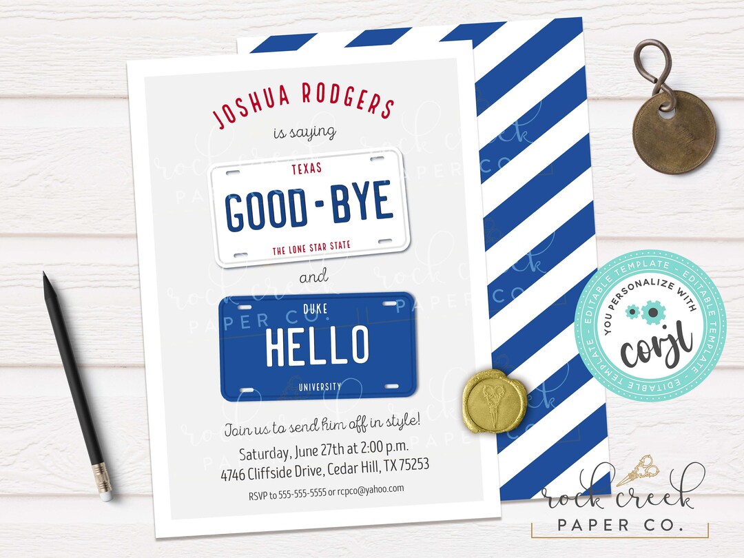 License Plate College Send off Invitation: Editable Farewell Party ...