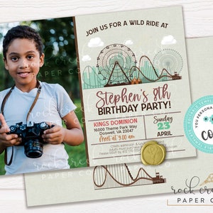 Amusement Park Photo Birthday Invitation, Theme Park Party ...