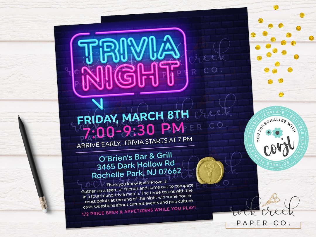 Trivia Night Invitation: Editable Quiz Event Template (instant Download ...