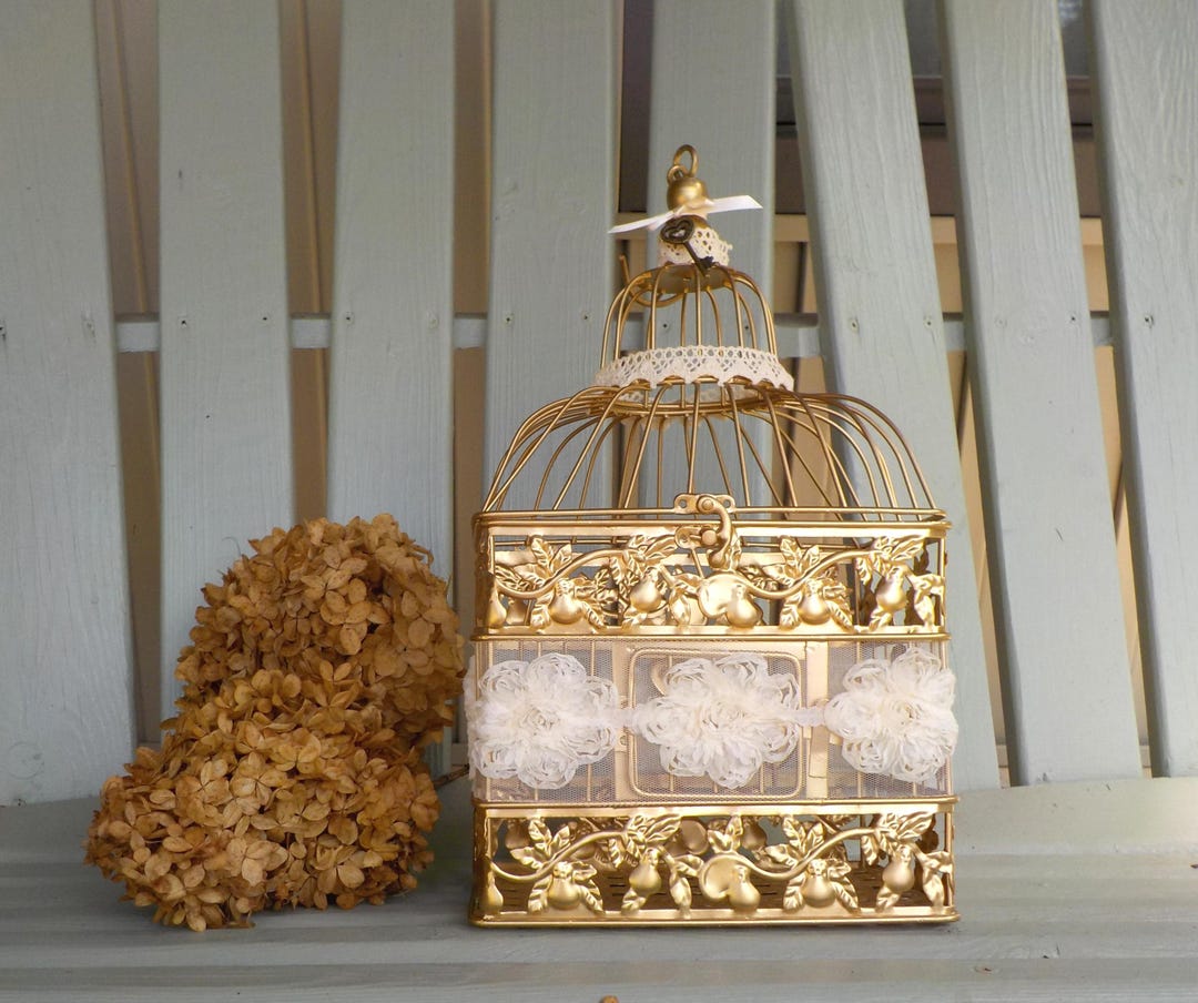 Victorian Vintage Inspired Bird Cage, Gold Bird Cage, Ivory Floral Lace ...